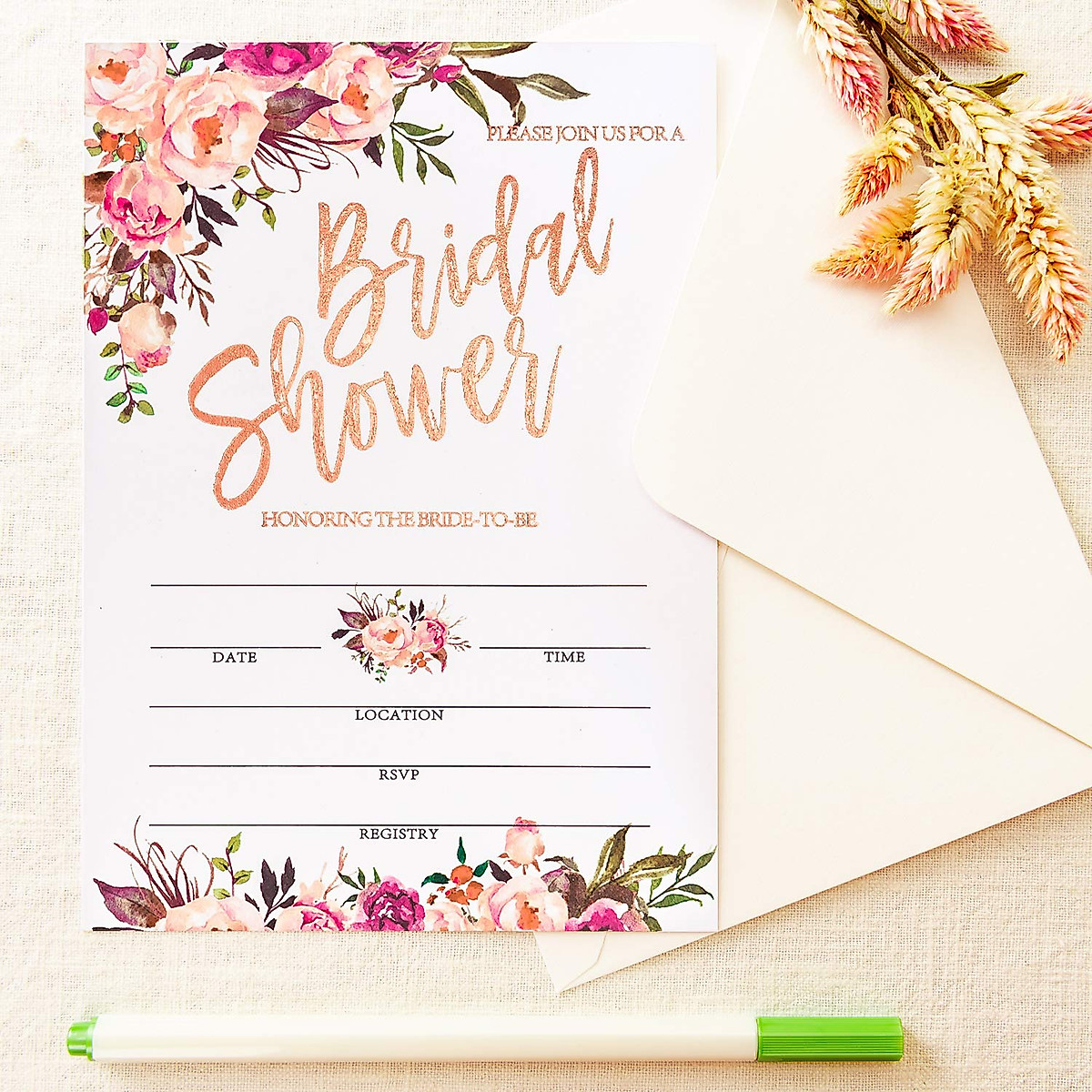 Crisky Rose Gold Foil Bridal Shower Invitation with Envelopes, Bridal Shower Invite, Wedding Shower Invitations, 25 pcs Cards & 25 pcs Envelopes & 25 pcs Stickers