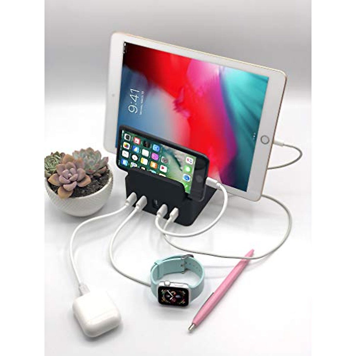 Power Hub Plus Charging Station - Charge Up to 7 Devices Using Only One Wall Outlet | Black Silicone Won't Scratch Device | Attractive Dependable Table Charging | No Set of Short Cords