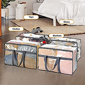 Fixwal 4 Pack Clear Clothes Storage 60L Moving Totes with Reinforced Handles Transparent Space Saver Containers Closet Organizer Vinyl Bag for Bedding Sets Blankets Duvet Cover Clothes (4 Pack, Gray)