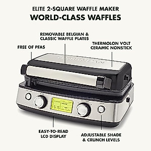 GreenPan Elite 2-Square Belgian & Classic Waffle Iron, Healthy Ceramic Nonstick Aluminum Dishwasher Safe Plates, Adjustable Shade/Crunch Controls, Wont Overflow, Easy Cleanup Breakfast, Black