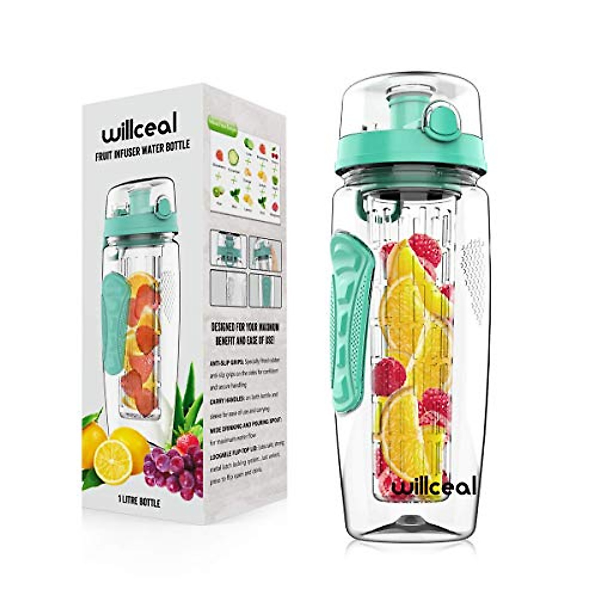 Fruit Infuser Water Bottle 32oz Willceal- Durable, Large - BPA Free Tritan, Flip Lid, Leak Proof Design - Sports, Camping (Mint)