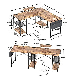Aheaplus L Shaped Desk with Outlet and USB Charging Port, L-Shaped Desk with Storage Shelves Reversible Corner Computer Desk 2 Person Long Table with Monitor Stand Gaming Home Office Desk,Rustic Brown