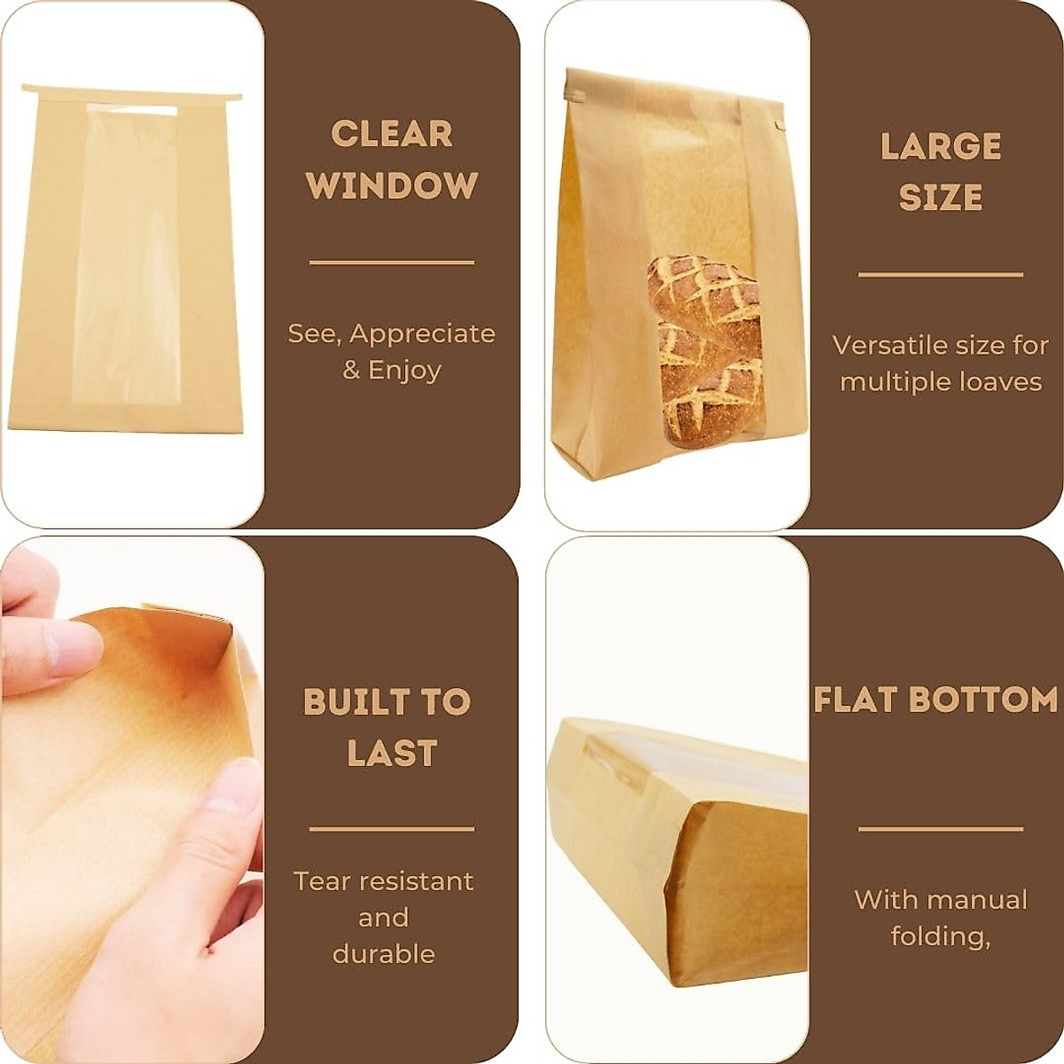 Bread Bags for Homemade Bread Sourdough - 50 Pack Large Paper Bread Bags for Sourdough with Tintie Tab Lock, 90pcs Stickers, Clear Front Window: Sourdough Bread Bags for Gifting