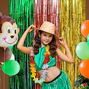 LOLStar Hawaiian Luau Party Decorations, 2 Packs of 3.3x6.6 ft Green Brown and Yellow Foil Fringe Curtains Tinsel Photo Booth Props, Streamer Backdrop for Hawaiian Tropical Party Decorations