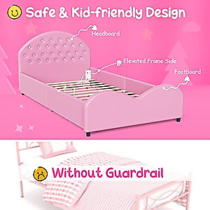 HONEY JOY Kids Twin Bed Frame with Headboard, Toddler Upholstered Platform Bed with Slatted Bed Base, No Box Spring Needed, Princess Wooden Single Bed for Baby Girls, Twin Size in Pink