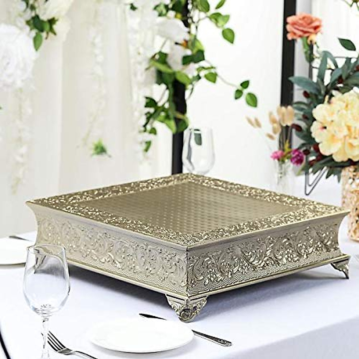 Efavormart 18” Gold Square Embossed Metal Cake Plateau Stand Riser Wedding Birthday Party Dessert Cake Pedestal Display Plate