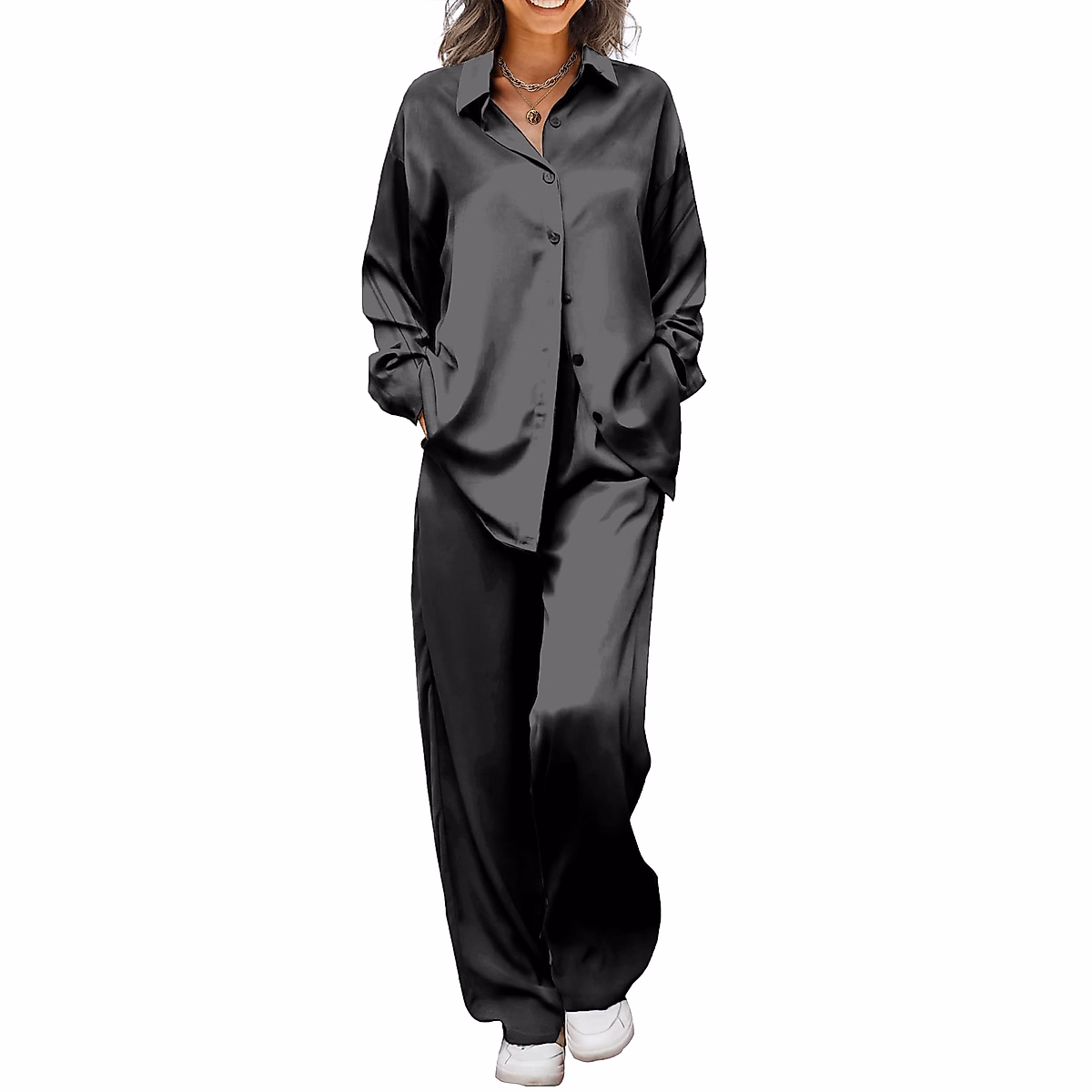 Ekouaer Womens 2 Piece Silk Satin Pajama Set Long Sleeve Lounge Sets Button Down Shirts and Pants PJs Soft Sleepwear Sets Black M