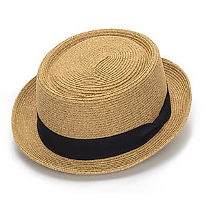 Pork-Pie-Hat-for-Men-Women Straw-Boater-Hat Summer-Sun-Derby-Fedora with Bowknot