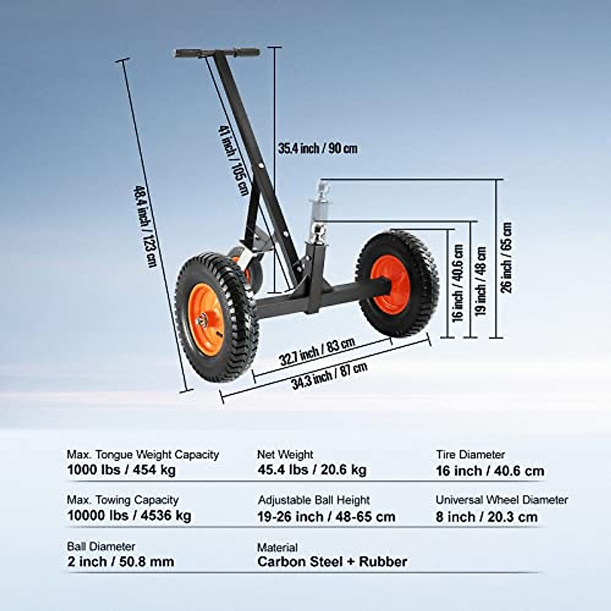 VEVOR Adjustable Trailer Dolly, 1000lbs Tongue Weight Capacity, Carbon Steel Trailer Mover with 19''-26'' Adjustable Height & 2'' Ball, 16'' Pneumatic Tires & Universal Wheel, for Moving RV Trailer