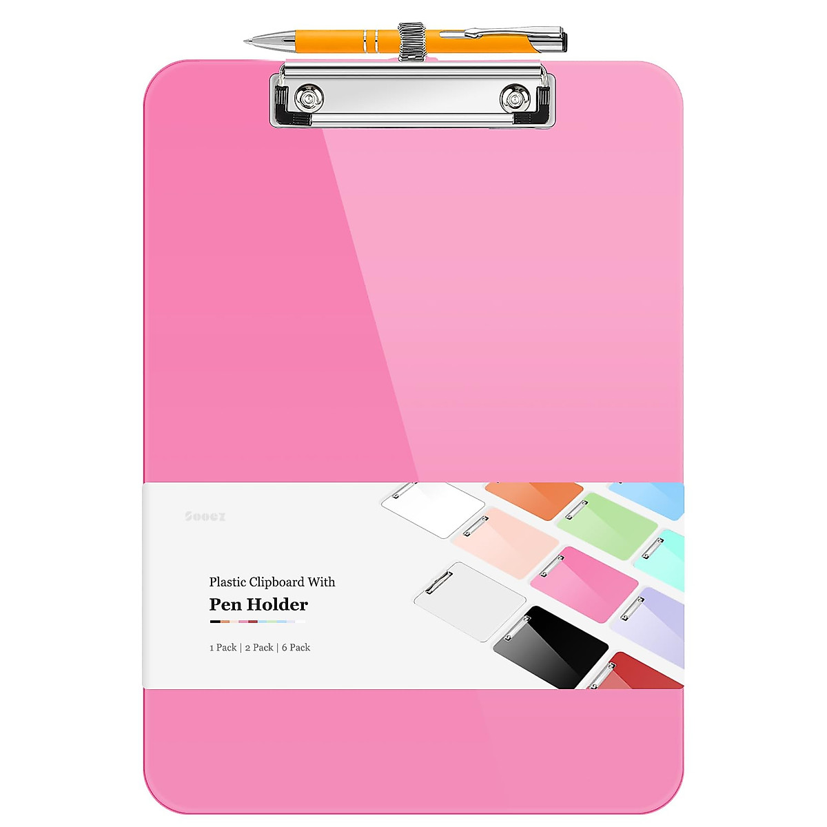 Sooez Plastic Clipboard with Pen Holder, [10% Thicker] Clip Boards 8.5x11 with Low Profile Clip, Cute Hanging Clipboard, Standard Letter A4 Size for Women Teacher, Office & School Supplies, Neno Pink