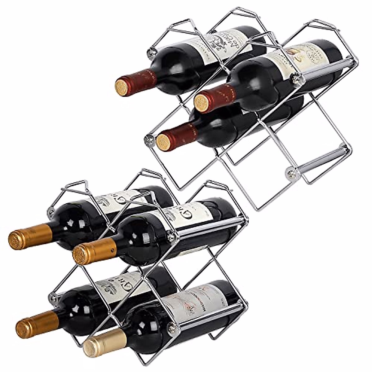 MyGift Modern Silver Wire Metal Stackable Wine Rack Diamond Shaped Stand, Countertop Wine Bottle Holder, Each Rack Holds 10 Bottles, Set of 2