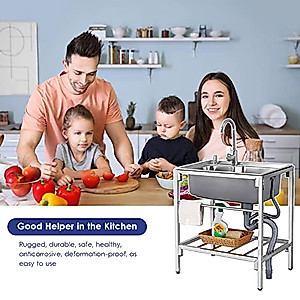 304 Stainless Steel Kitchen Sink Freestanding Utility Sink with Cold and Hot Water Pipe W27.95”x D18.5”x H29.5”