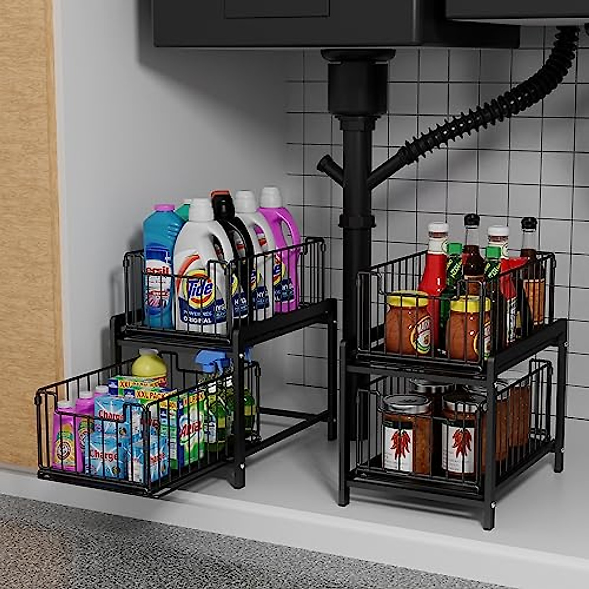 Lxmons 2 Tier Basket Drawer Organizer, Pull Out Under Sink Cabinets , Metal Home Organizer Shelf for Bathroom or Kitchen, Sliding Countertop or Pantry Storage shelf, Large Black