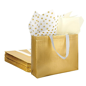18pcs Gold Gift Bags with Tissue Paper, Shiny Gift Bags Large Size with Handles, Glossy Reusable Gift Bags for presents, Glitter Party Bag for Wedding Birthday Shower Christmas 12.7 x 4.7x11 inches