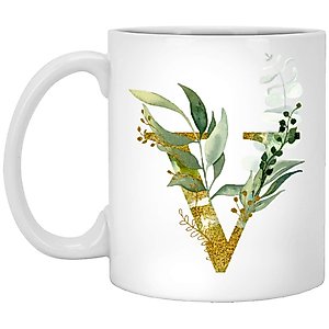 Alpha/V Graphic Letter V Coffee Mug - Alphabet Letter Monogram V - Gold Shimmer Any Letter Floral Alphabet Tea Coffee Hot Chocolate Cup For Her Birthday Christmas Mothers Day Coffee Mug 11oz