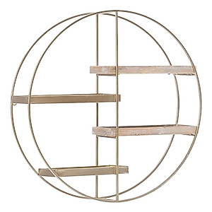 Linon Kenson Round Metal and Greywashed Wood Four Shelf Wall Storage in Gold