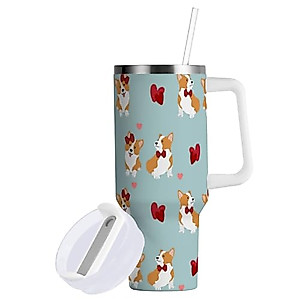 MCHIVER Corgis Dog Hearts 40 oz Tumbler with Handle and Straw Stainless Steel Vacuum Water Bottle Leak-proof Travel Coffee Mug Insulated Cup for Home Office Car