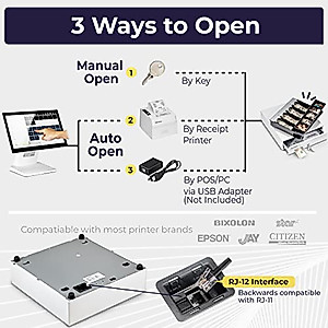 Volcora 13" Cash Register Drawer for Point of Sale (POS) System with Fully Removable 2 Tier Cash Tray, 4 Bill/5 Coin, 24V, RJ11/RJ12 Key-Lock, Double Media Slot, Small Square Money Drawer, White