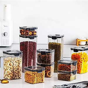JAGF Airtight Food Storage Container - 5 Pce Set - Seal Stackable Plastic Canister Jar - Clear Plastic - Kitchen Cupboard Pantry Organizer, Spice, Pasta, Snack, Candy, Bean - For gift.