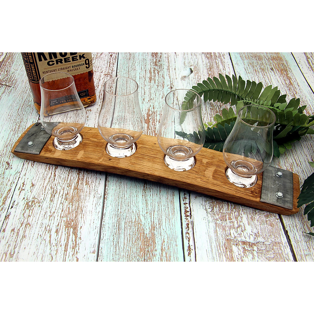 Barrel-Art Premium 4 Glass Whiskey Flight/Natural (light Oak)/ Crystal Glasses