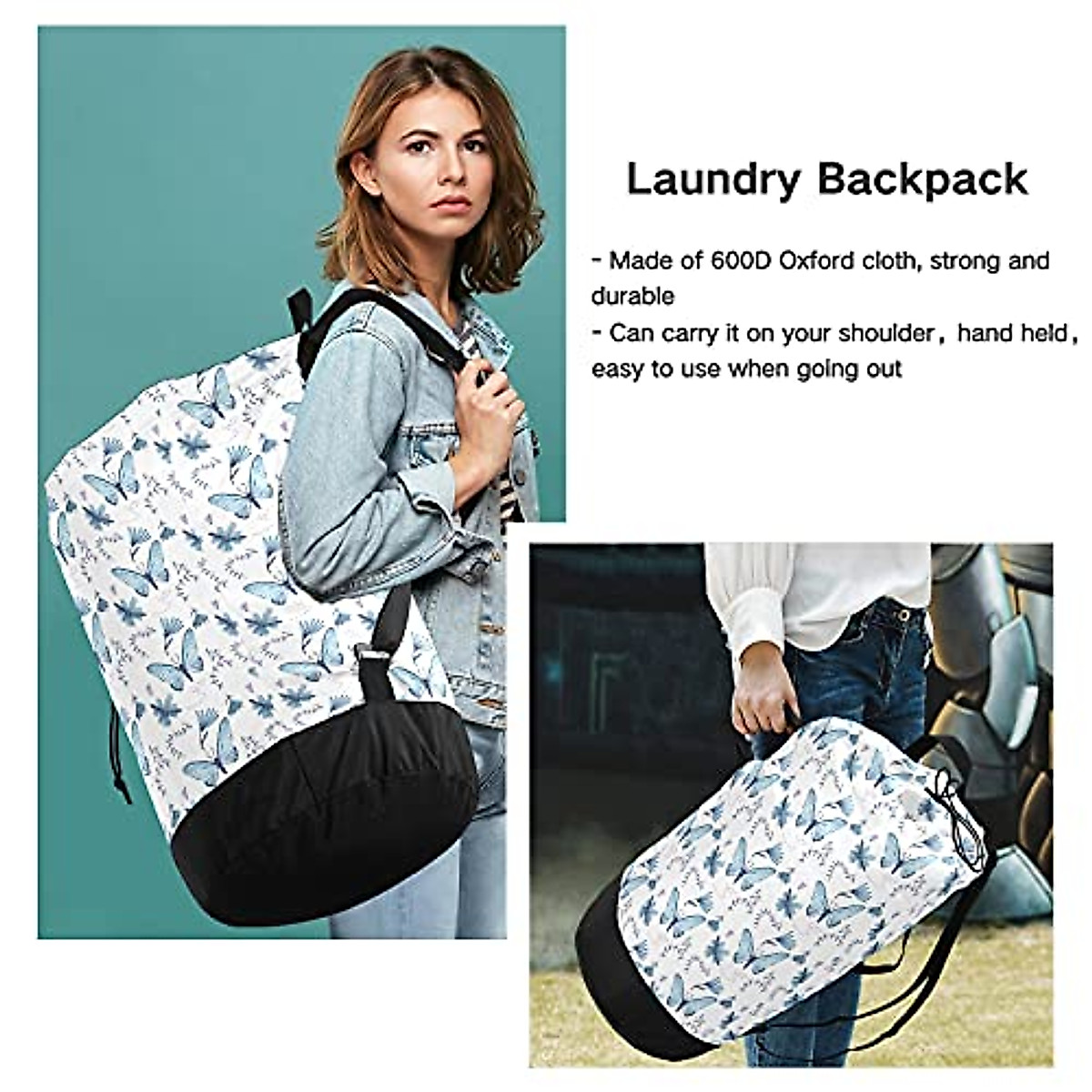 JUMBEAR Butterfly Laundry Backpack with Shoulder Straps Multifunctional Clothes Hamper Laundry Bag with Drawstring Closure for College, Travel, Laundromat, Apartment