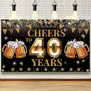 Cheers to 40 Years Backdrop Banner, Happy 40th Birthday Decorations for Men Women, 40th Anniversary, Class Reunion Backdrop, Black Gold 40th Birthday Party Yard Banner, Vicycaty (6.1ft x 3.6ft）