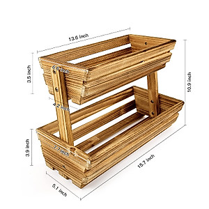 CALM COZY 2-Tier Wooden Fruit Basket, Farmhouse Fruit Basket Counter Top Organizing for Kitchen, Vegetable Stand Bread Racks Produce Basket, Classic Wood Color
