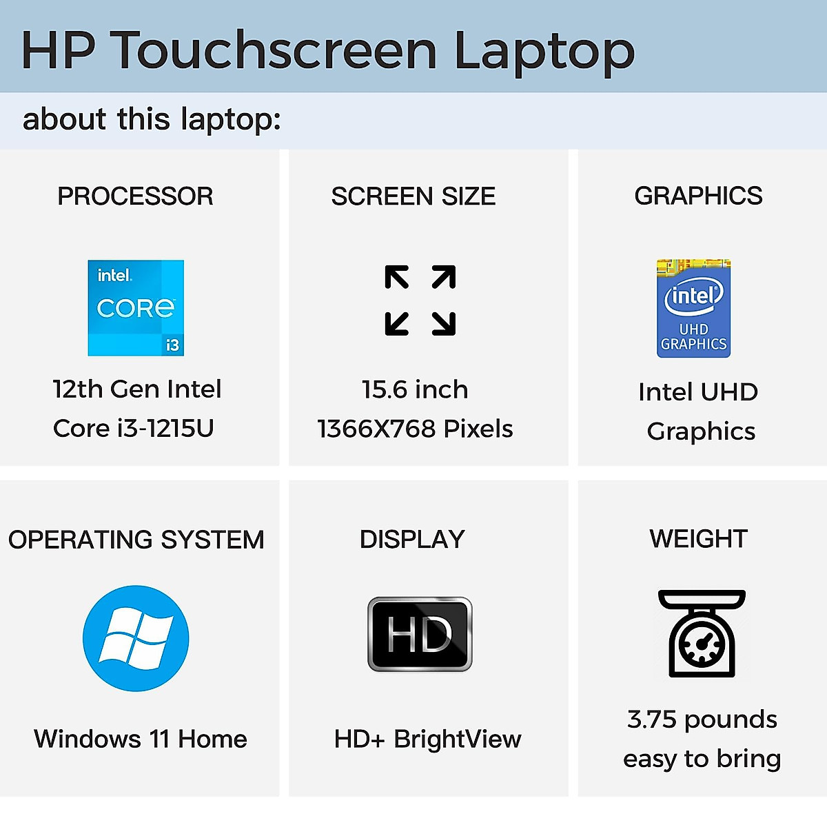 HP 2023 Newest Laptop, 15.6" Touchscreen Display, Intel Core i3-1215U Processor, 8GB RAM, 512GB SSD, Fast Charge, Intel UHD Graphics, Wi-Fi, Bluetooth, Webcam, Thin & Portable, Windows 11 Home
