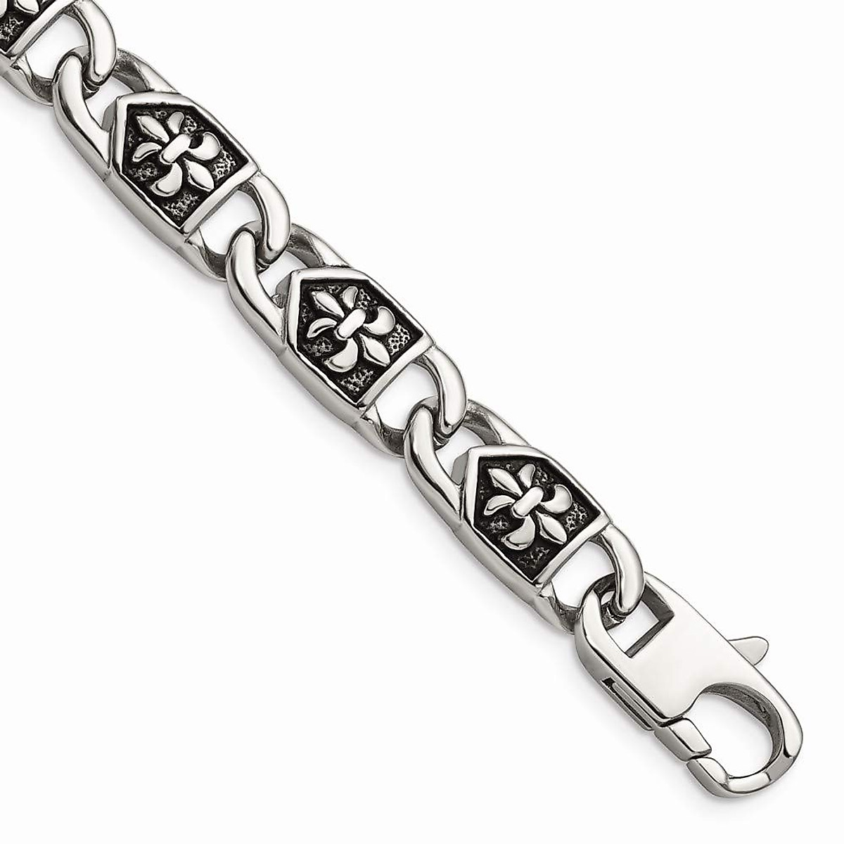 Solid Stainless Steel/Vintage Antiqued Fleur de Lis Bracelet - with Secure Lobster Lock Clasp 8.75"