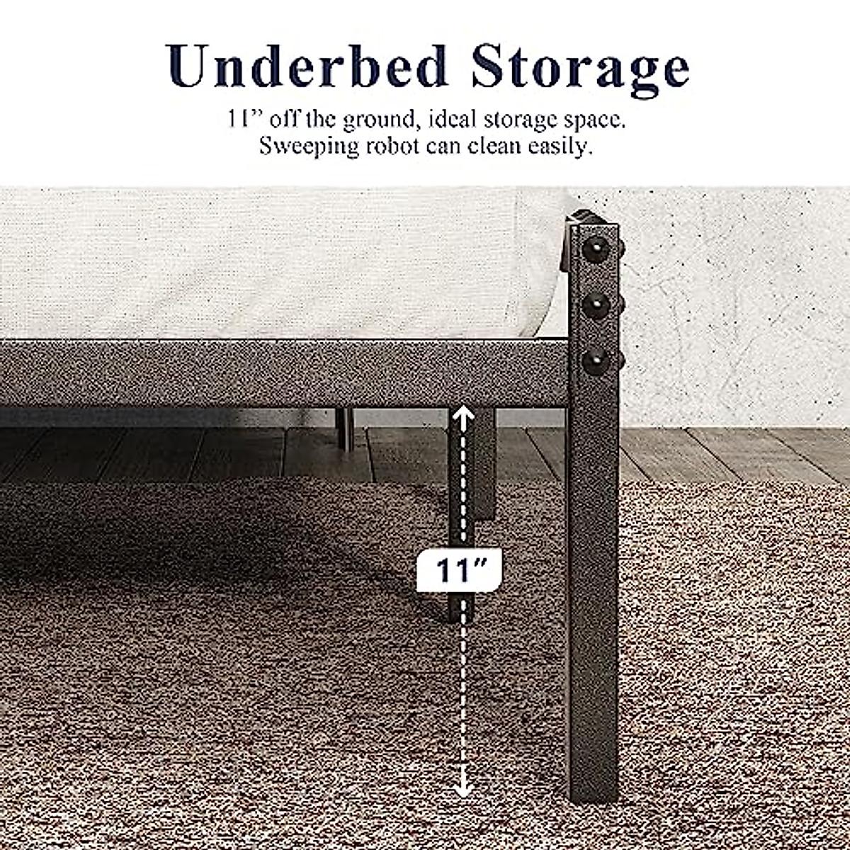 Allewie Queen Size Bed Frame with Wood Headboard, Metal Platform Frame with Strong Slats and Rivet Decoration, Easy Assembly, No Box Spring Needed, Noise Free, Brown