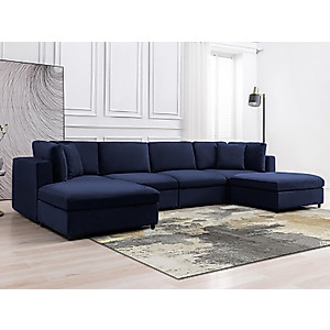 Mjkone 144'' Oversized U Shape Sectional Sofa Couch with Reversible Ottoman. 6 Pieces Modular Sofa Couch with 2 Free Cushions. Free Combination, Living Room Furniture, Deep Blue