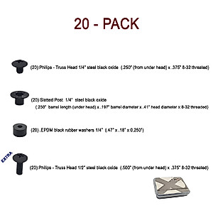 CKX-3 Black Chicago Screws 1/4” set, for DIY Kydex / Leather Knife sheath and Gun Holsters, Phillips Truss Heads + Slotted posts + Rubber Spacers / Washers + Extra: Philips Truss Head screw .500” (20)