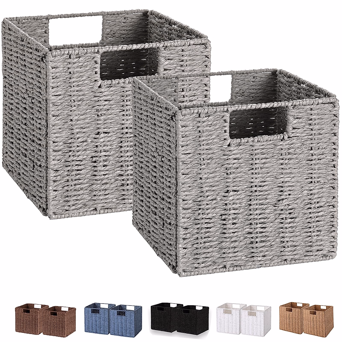 Vagusicc Wicker Basket, Set of 2 Hand-Woven Wicker Storage Basket, Foldable 11 inch Cube Storage Bins, Storage Baskets for Organizing Shelves, Closet Organizers and Storage Bins, Gray (11″×11″×11″)