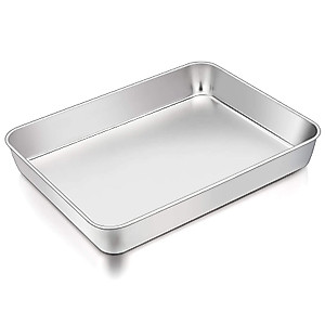 TeamFar Lasagna Pan, 12⅖’’ x 9¾’’ x 2’’, Stainless Steel Rectangular Cake Brownie Casserole Pan For Roasting Baking, Healthy & Heavy Duty, Brushed Surface & Deep Side, Dishwasher Safe