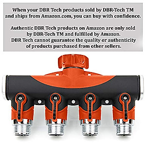 DBR Tech 4 Way Garden Hose Splitter for Outdoor Lawn and Gardening Hoses, Heavy Duty Metal Faucet Attachment, Leak Resistant Threading with Shut Off Valves, Four Way Spigot Adapter Full Flow, Orange