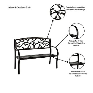 Plow & Hearth Weatherproof Tree of Life Outdoor Bench | Holds Up to 300 lbs | Garden Patio Porch Park Deck | Metal | Black