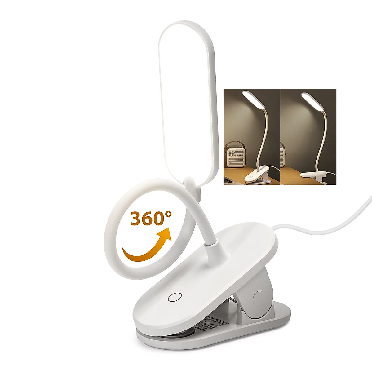 Aigostar Rechargeable Clip on Book Reading Light, Brightness Desk Lamp Touch LED Table Light with 3 Levels Dimmable,Built-in USB Cable,Long Lasting Portable Bed Bedside Clamp Light White