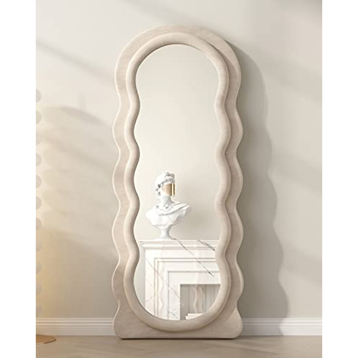 ITSRG Wavy Wall Mounted Mirror with Flannel Wrapped Wooden Frame and Stand - Full Length (White)