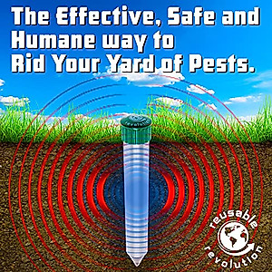 4 Pack Sonic Mole Chaser - Battery Operated Pest Repeller Stake, Scares Away Moles, Voles, Gophers and Rats by Reusable Revolution (Metal & Green)