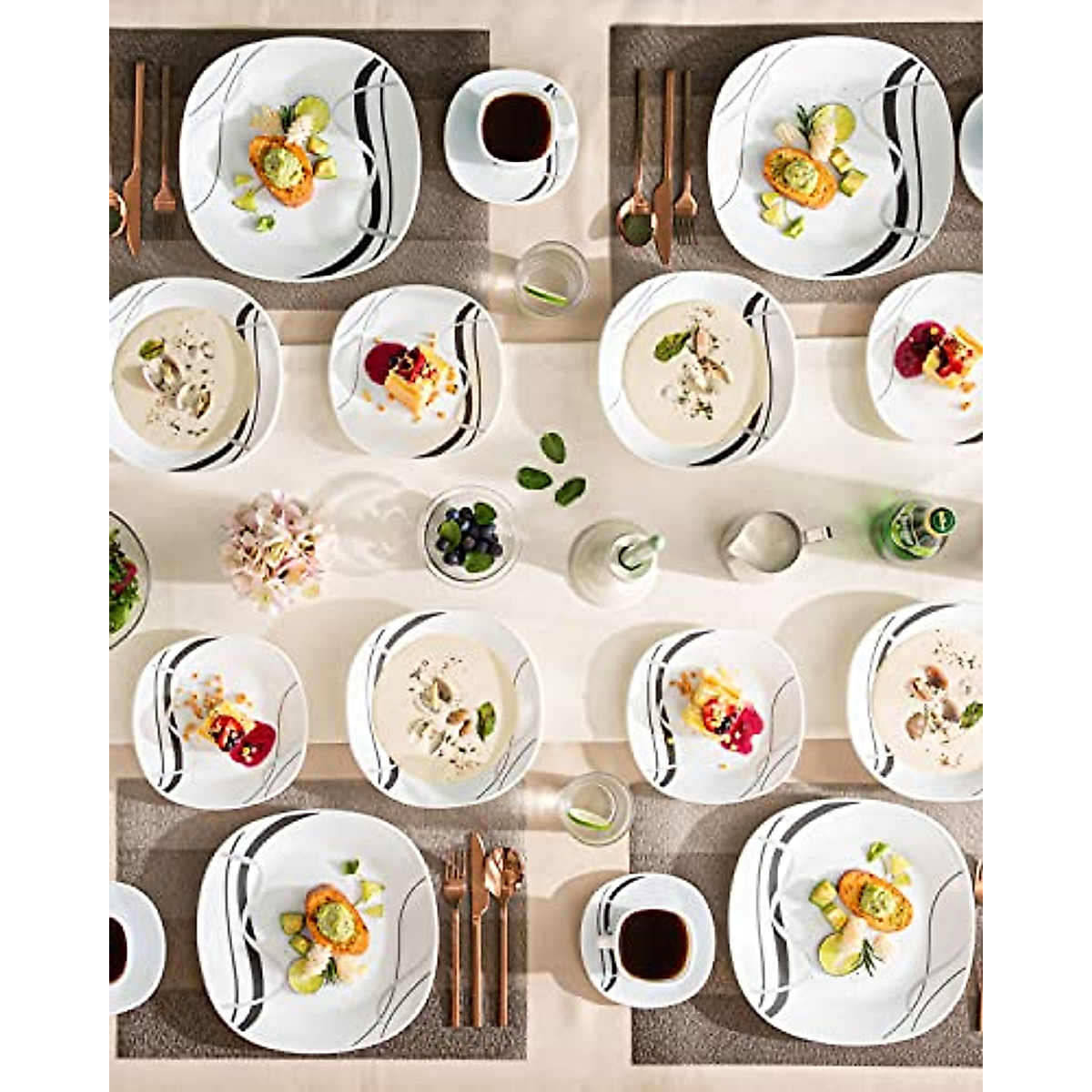 VEWEET Fionaglas 30-Piece Dinnerware Set Ivory White Opal Glassware, Break Resistant Dinner Sets with Dessert Plates/Soup Plates/Dinner Plates/Cups/Saucers Service for 6