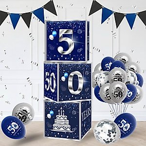 3Pcs 50th Birthday Decorations Boxes for Men Blue Silver 50th Happy Birthday Balloons Boxes Party Supplies 50 Year Old Birthday Theme Cardboard Box Decor.