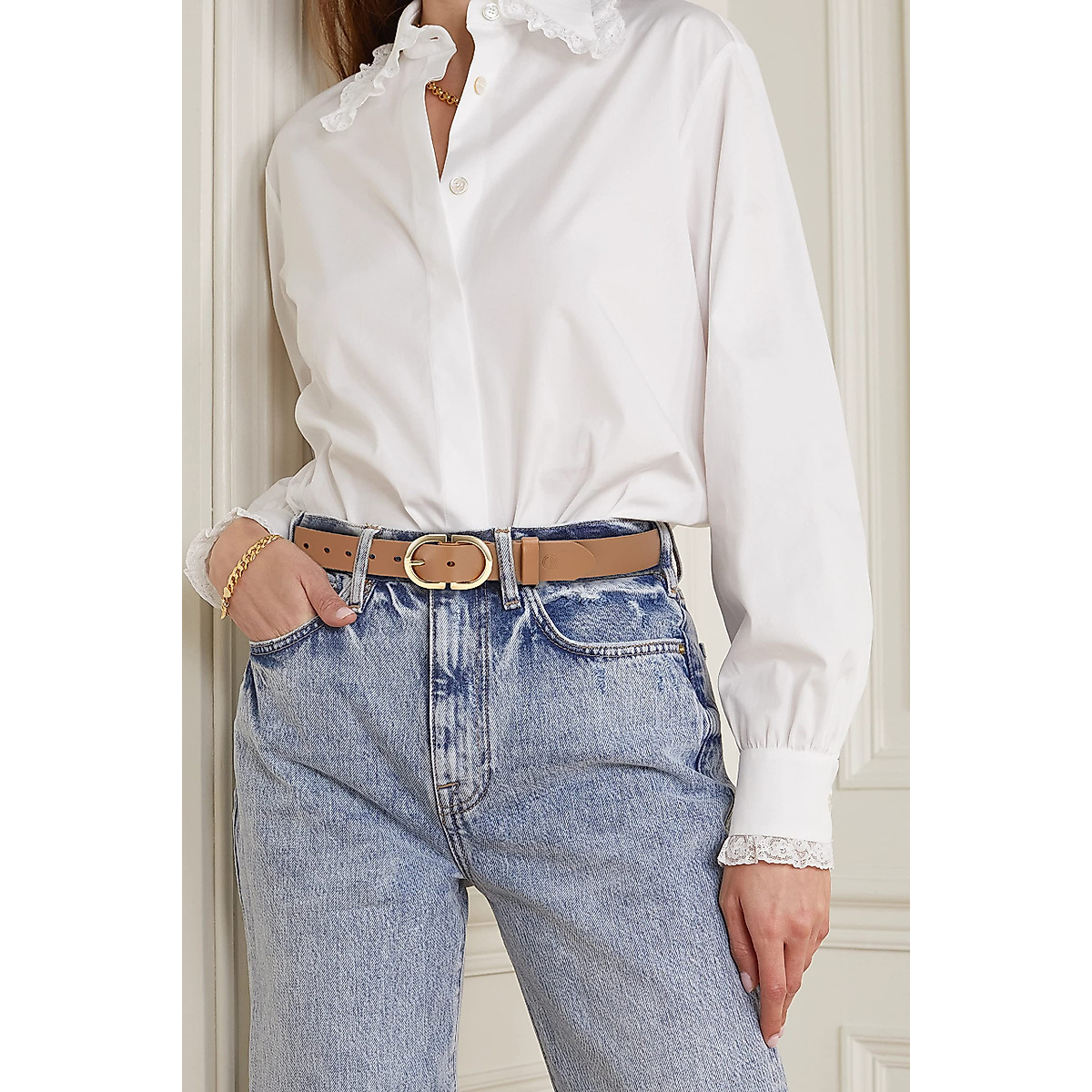 CR Womens Brown Leather Belts for Jeans Pants - 1.3" Width Casual Ladies Tan Belt - Fashion Center Bar Gold Buckle