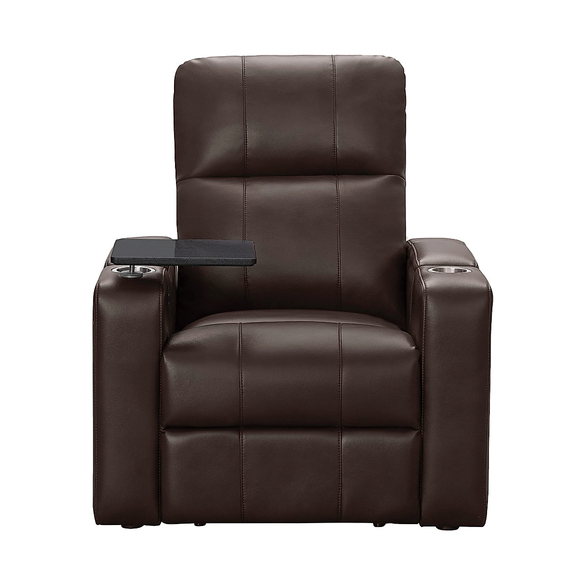 Abbyson Living Rider Powered Reclining Theater Chair - Built in USB/Power Outlet, Cup Holders, Tray/Side Table, Faux Leather Home Theater Chair, Brown