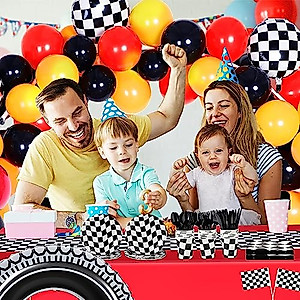 Irenare 205 Pcs Car Birthday Party Supplies Racing Party Decorations, Include 2 Tablecloth 3 Racetrack Runner 16 Traffic Cones 8 Checkered Flags 2 Wheels 52 Balloons Garland Arch 120 Racing Tableware
