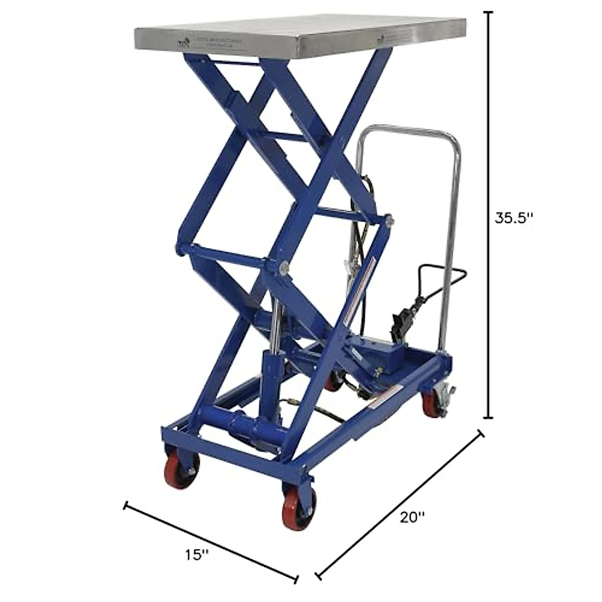 Vestil AIR-800-D Steel Air Hydraulic Cart, 800 lbs Capacity, 35-1/2" Length x 20" Width Platform, 15" - 51" Height Range