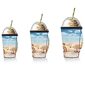 Beach Starfish Seashell Reusable Iced Coffee Cup Sleeve with Handle Neoprene Ice Coffee Cup Sleeve Small 18-20 oz Insulator Drink Holde for Coffee Cups Water Beverages Bottle