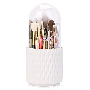 Yoseng Makeup Brush Holder Organizer with Lid,9 * 4.5" Makeup Brush Case,360 Rotating Modern Ins Style large Dustproof Makeup Brushes Organizer cups for Vanity (Water ripple- white)