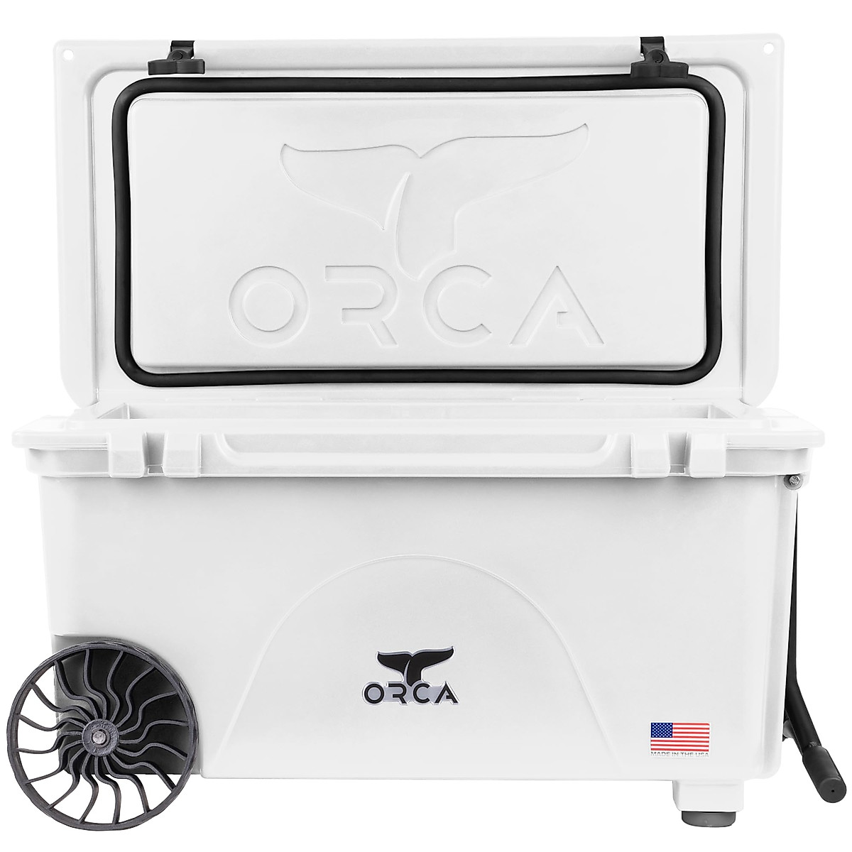 ORCA 65-Quart Insulated Rolling Cooler with Wheels and Pull Handle, White, Rugged, Sturdy for Beach, Camping, Fishing, Travel, Road Trip, Hunting