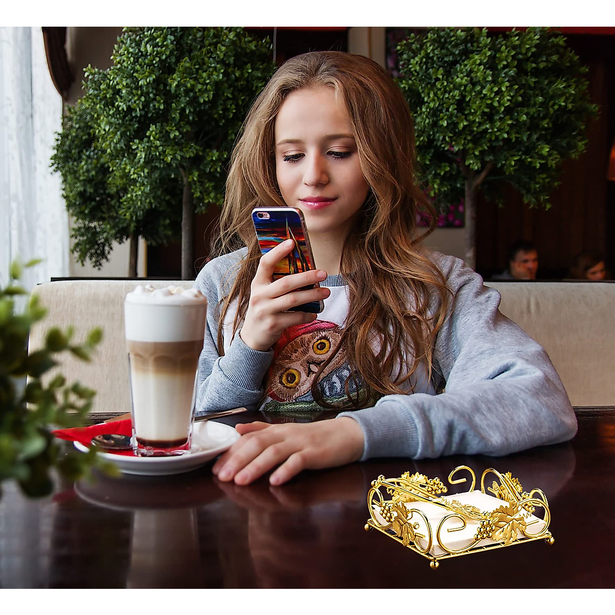 Flat Napkin Holder for Table Gold With Weight Arm for Kitchen Courtertops Dinning Table Grape Leaf Modern Tissue Dispenser Stainless Steel Gilding (7" L X 7" W X 2.5" H)