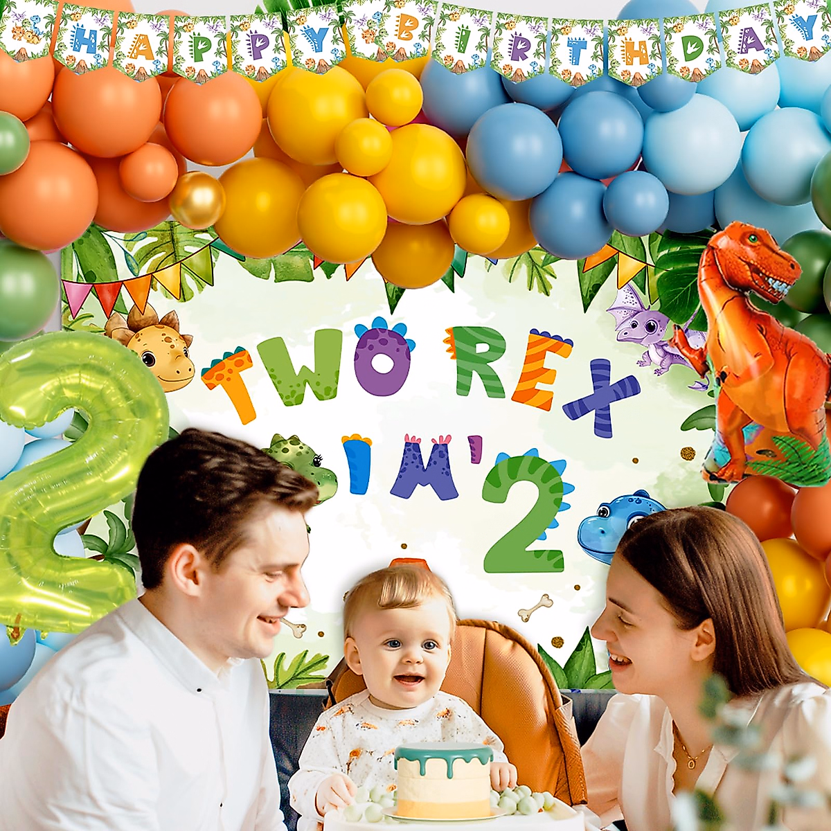 Fiesec Two Rex Birthday Decorations Boy, Dinosaur Party Decorations 2 Year Old Boy, 2nd Birthday Decorations For Boys, Backdrop Banner Balloon Cake Cupcake Topper Boxes Cutout Poster 138 PCs